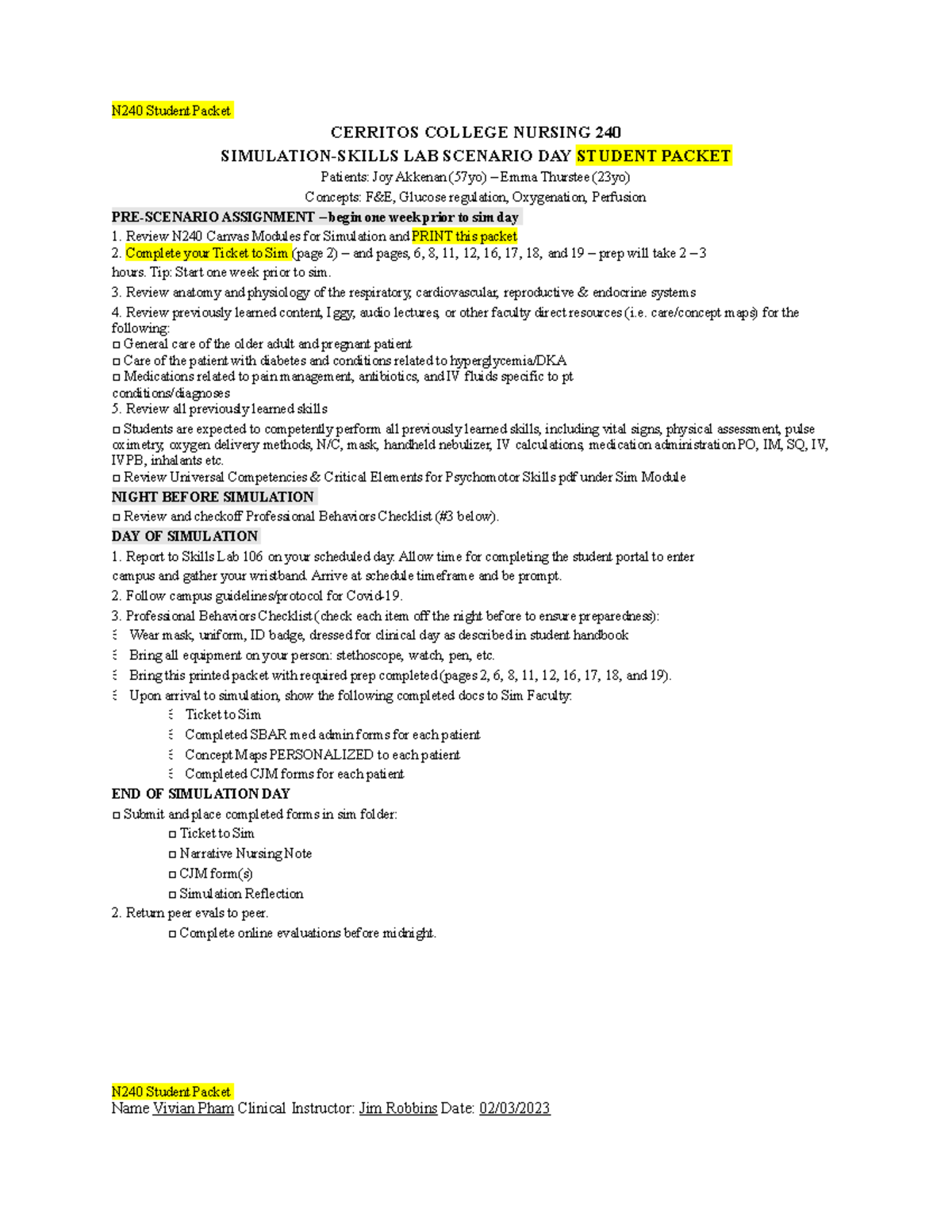 N240 Student Packet Spring 2022 - N240 Student Packet CERRITOS COLLEGE ...