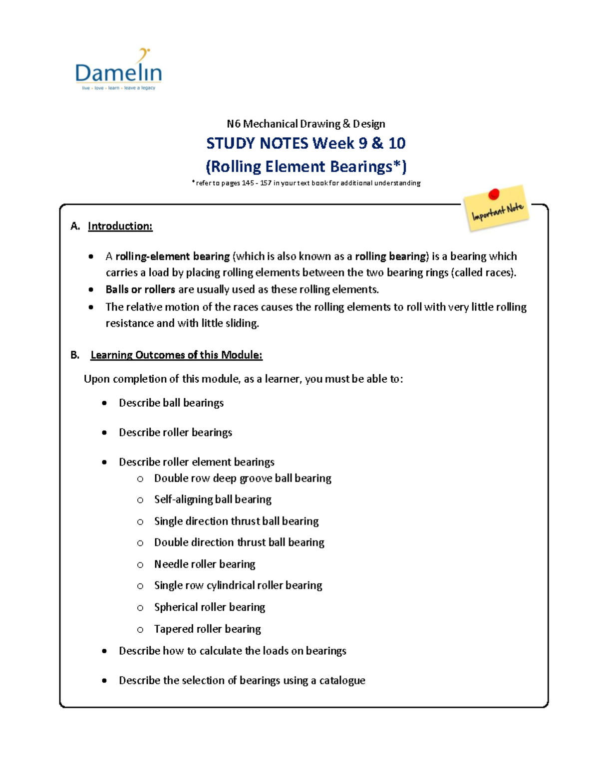 Study Notes Week 9 10 Rolling Element Bearings - N6 Mechanical Drawing ...