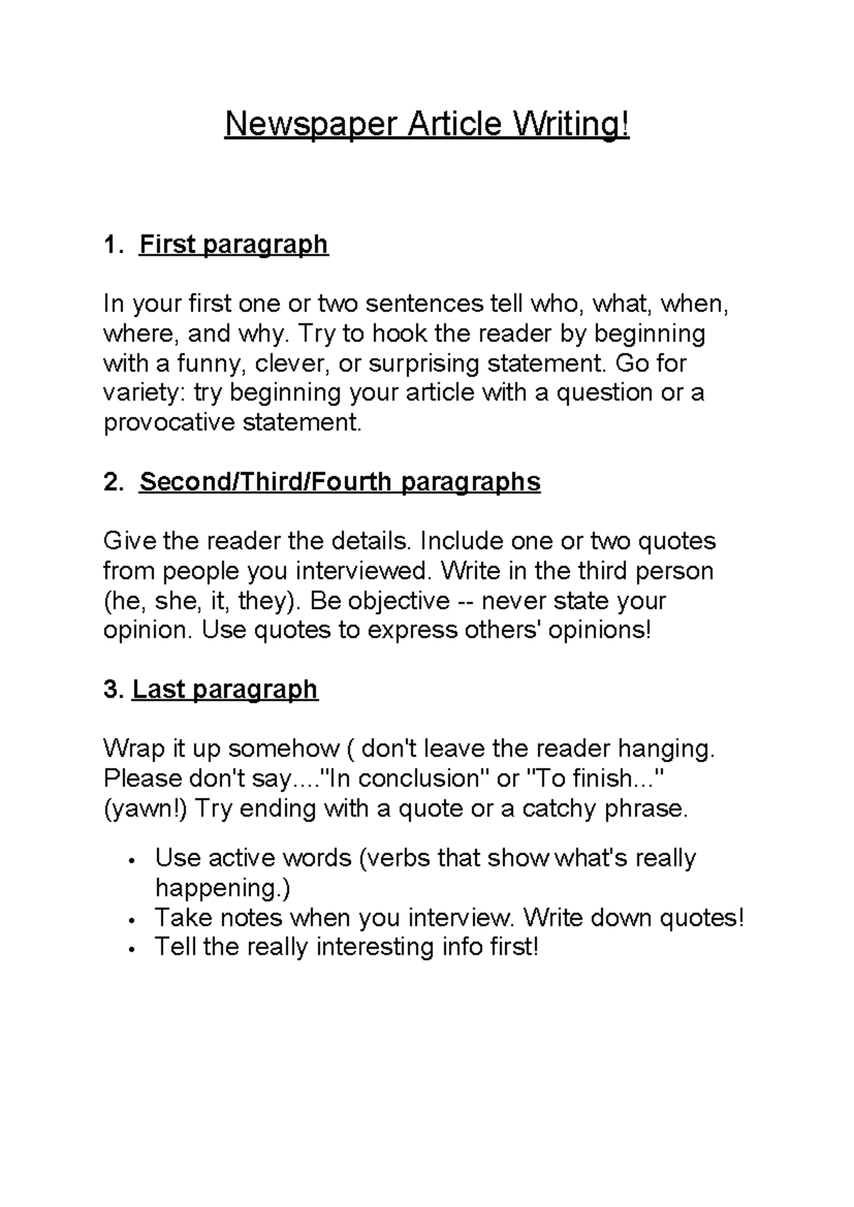 Newspaper Article Writing - First paragraph In your first one or two ...