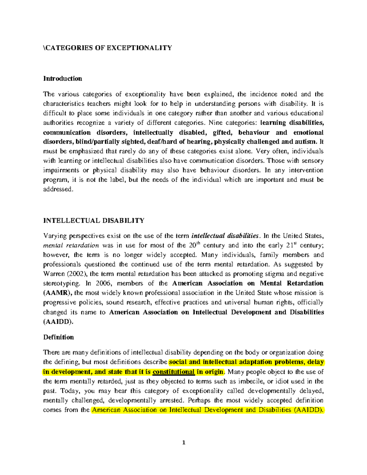 2. Catergories AND Autism - \CATEGORIES OF EXCEPTIONALITY Introduction ...