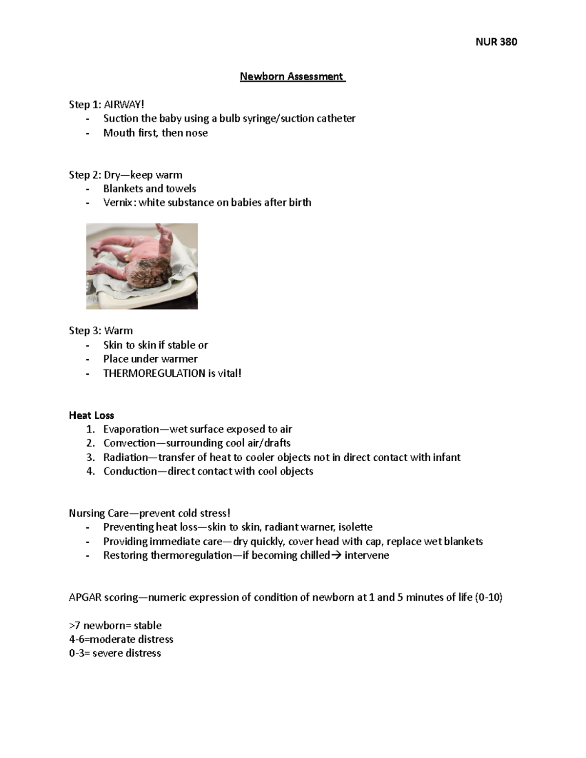 Newborn Assessment - lecture notes - Newborn Assessment Step 1: AIRWAY ...