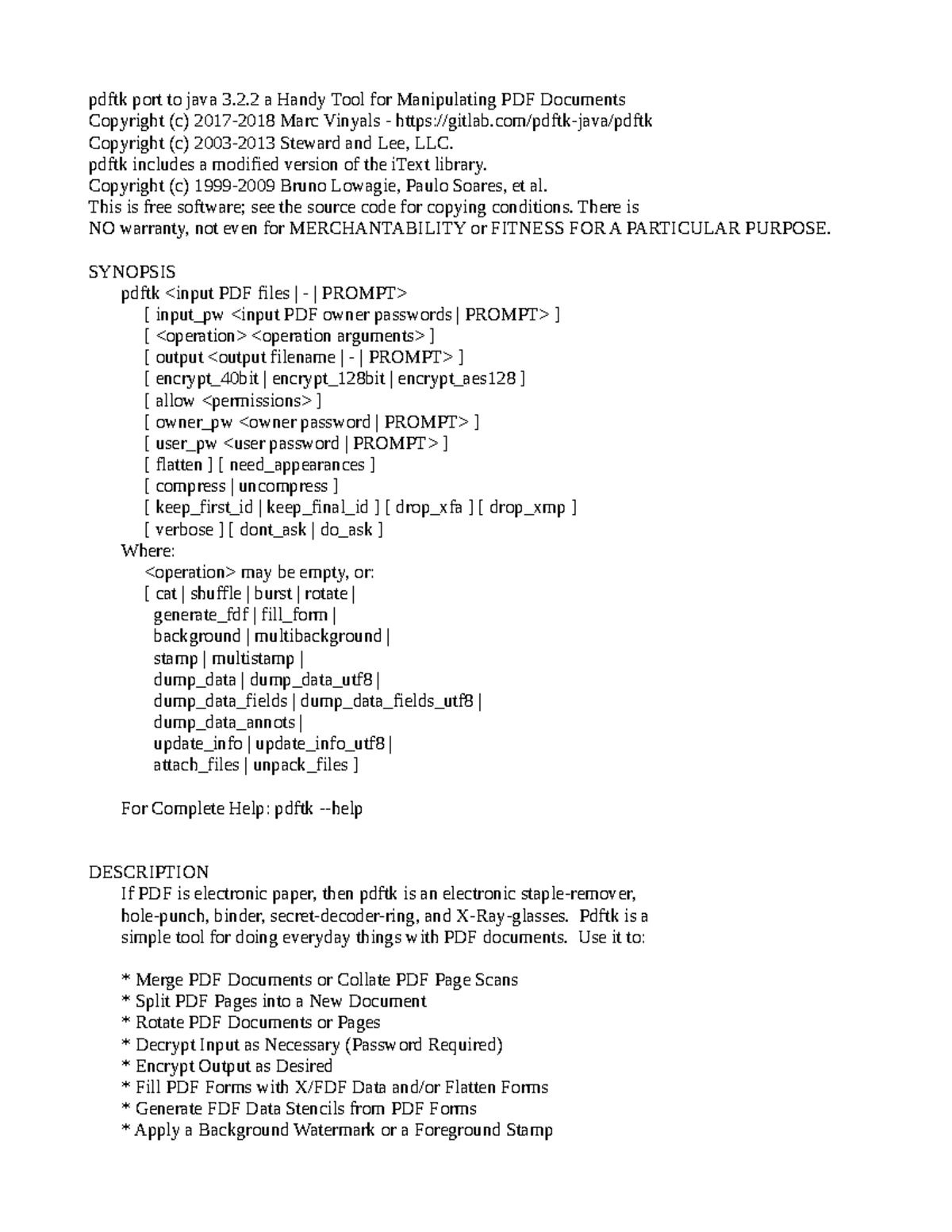 Pdftk - personal - pdftk port to java 3.2 a Handy Tool for Manipulating PDF Documents Copyright ...