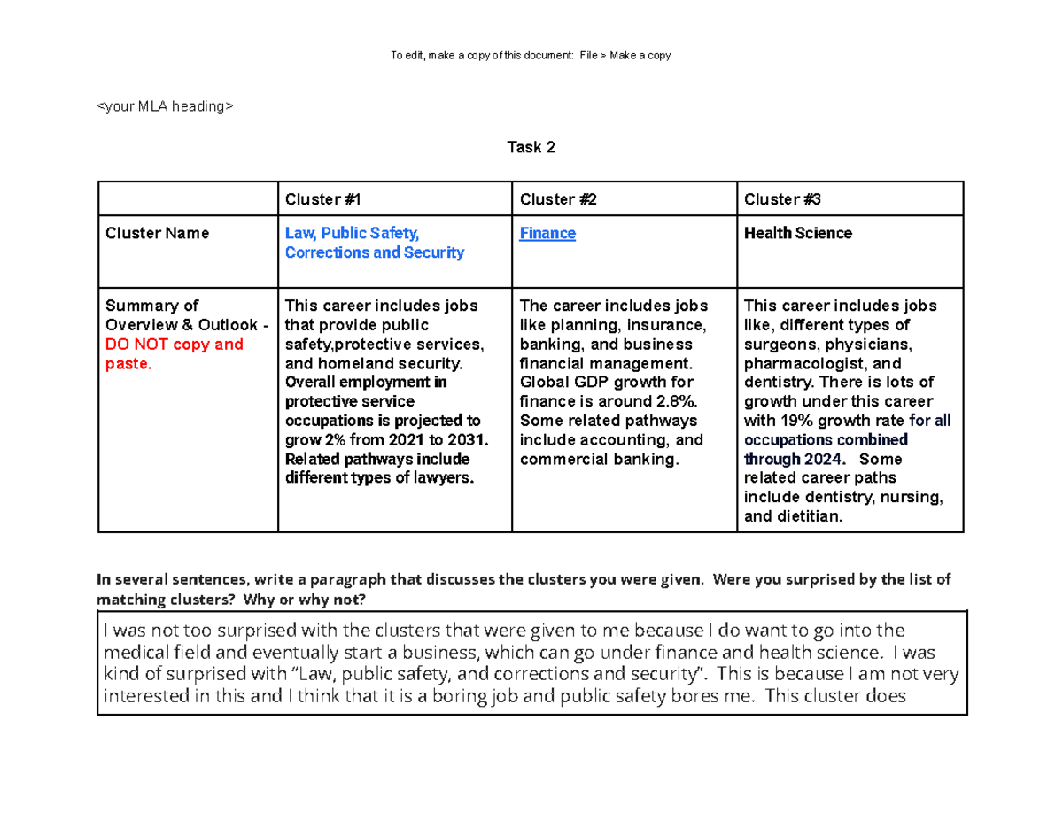 Copy of Copy of Task 2 - Career Clusters - To edit, make a copy of this ...