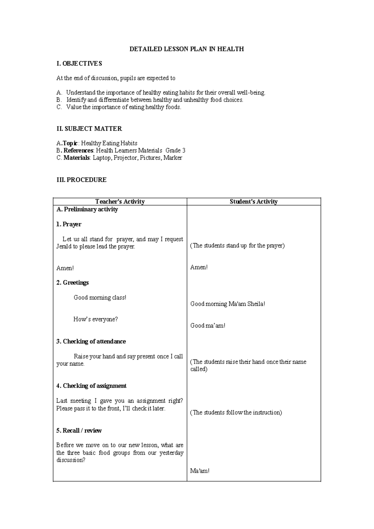 Detailed Lesson PLAN IN Health - DETAILED LESSON PLAN IN HEALTH I ...