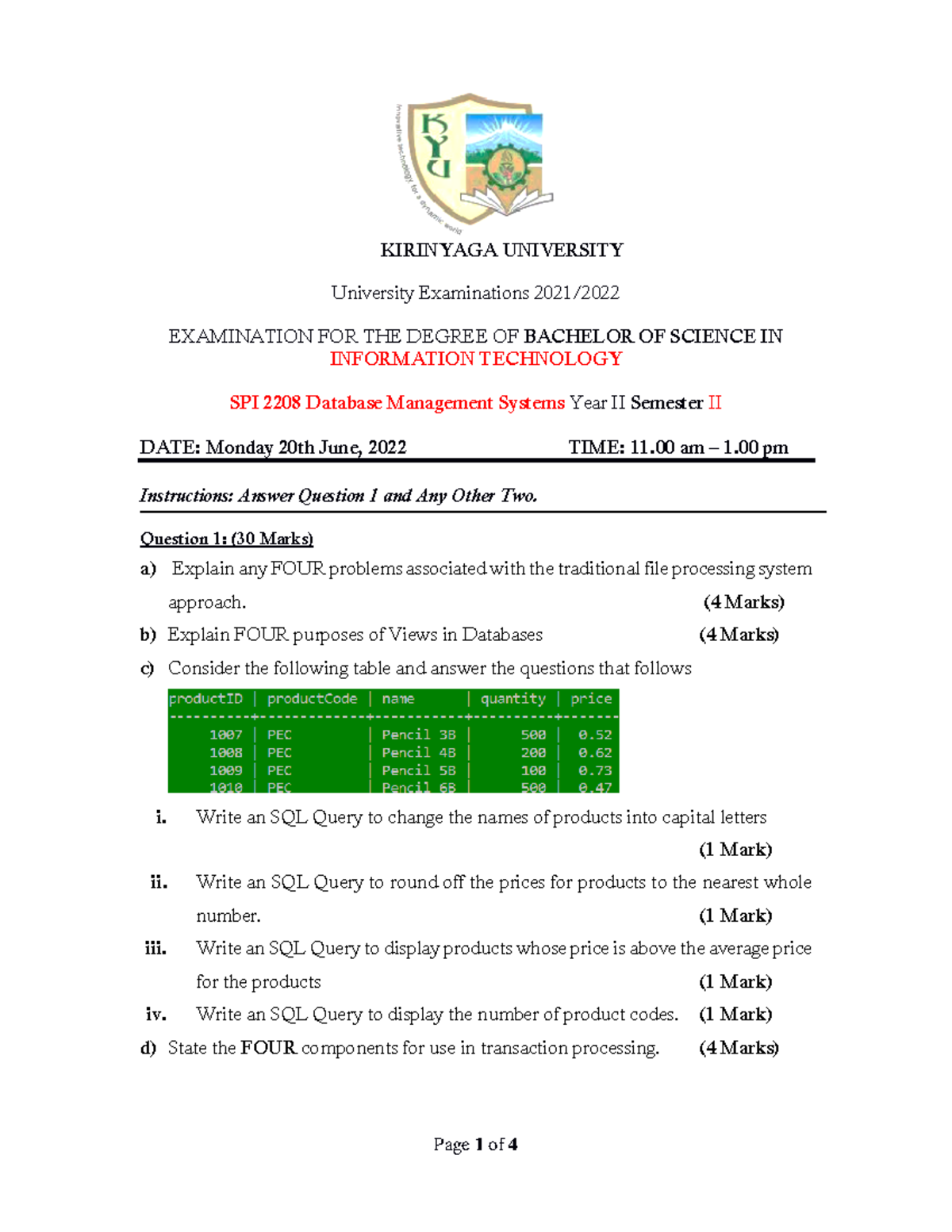 SPI 2208 Database Management Systems Year II Semester II - Question 1 ...