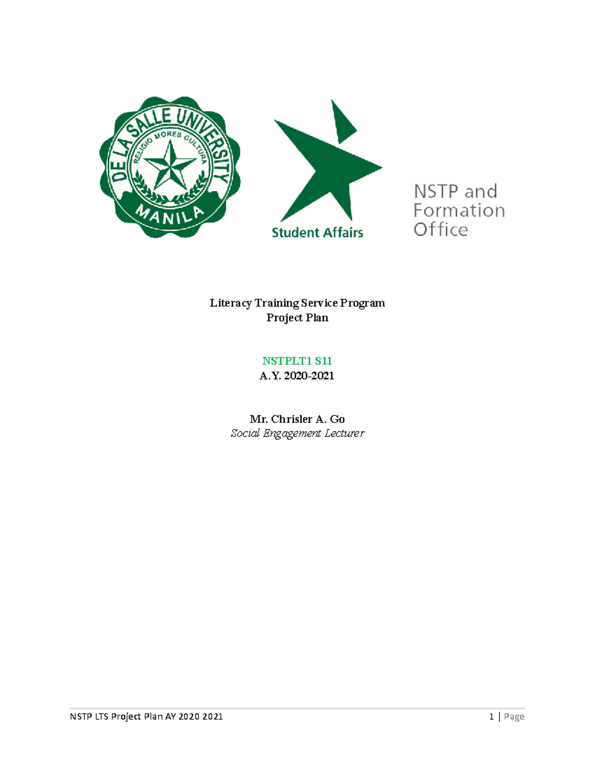 [NSTP] Project Plan - Literacy Training Service Program Project Plan NSTPLT1 S A. 2020- Mr ...