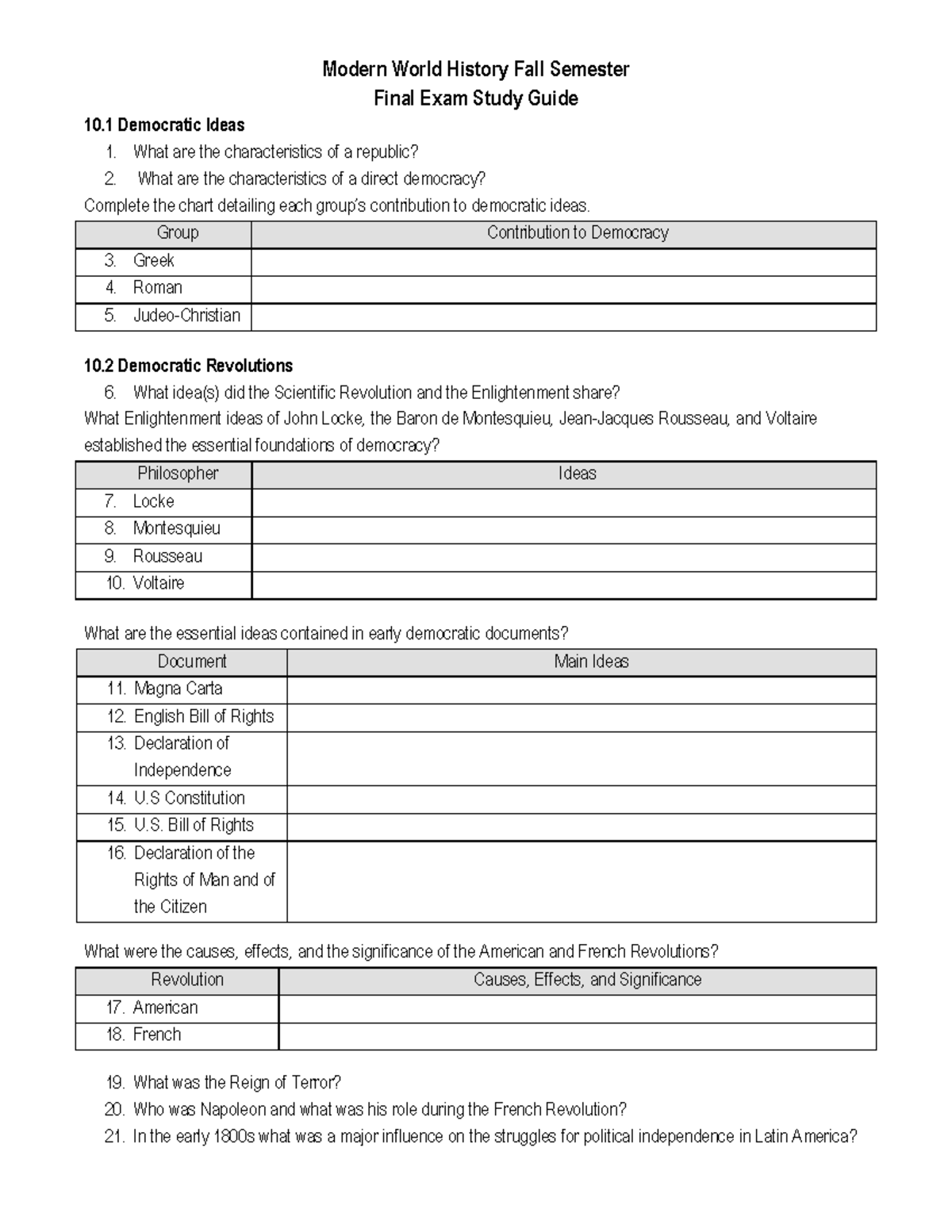 MWH Fall Final Exam Study Guide - Modern World History Fall Semester ...