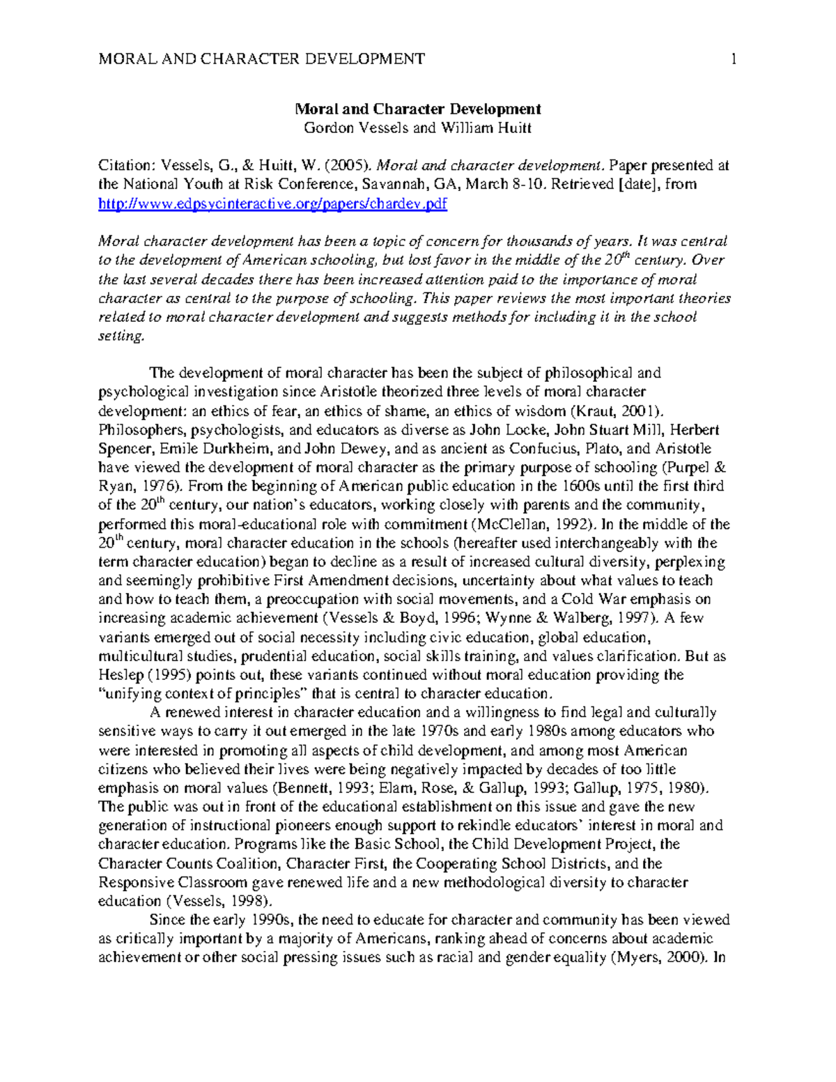 Chardev - Moral and Character Development Gordon Vessels and William ...