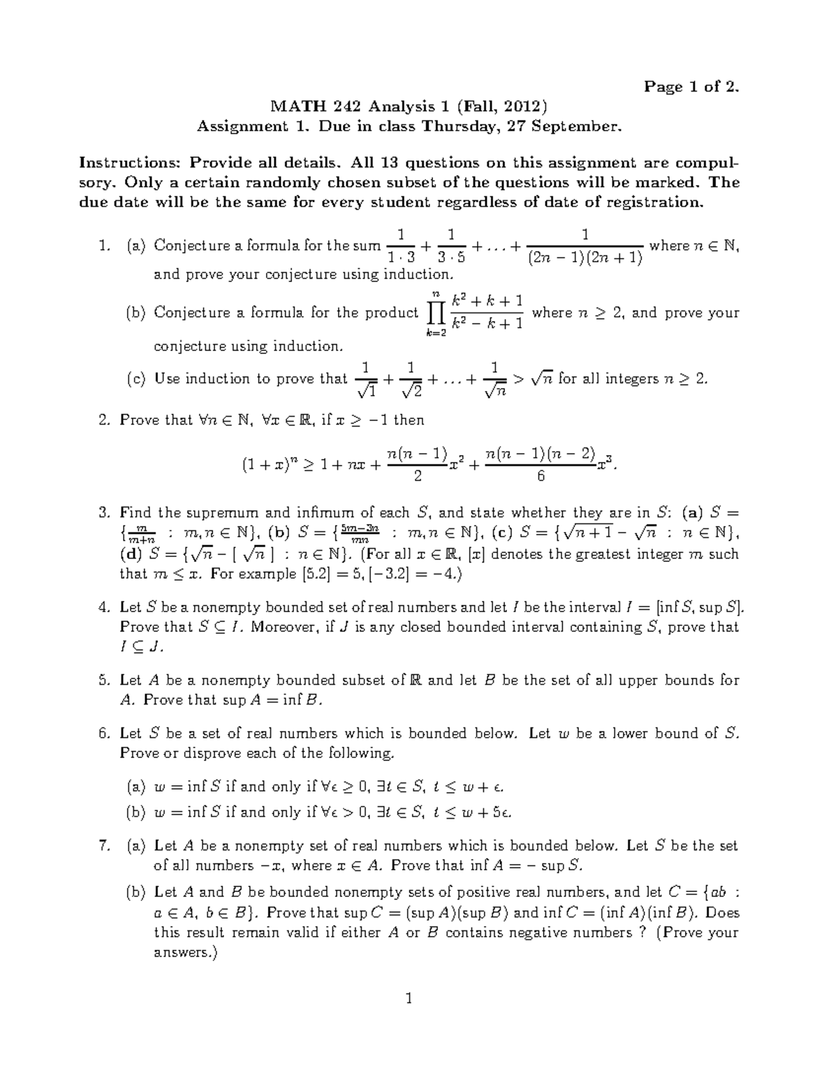 Math 242 Assignment 1 - 2 Questons 2012 - Page 1 of 2. MATH 242 ...