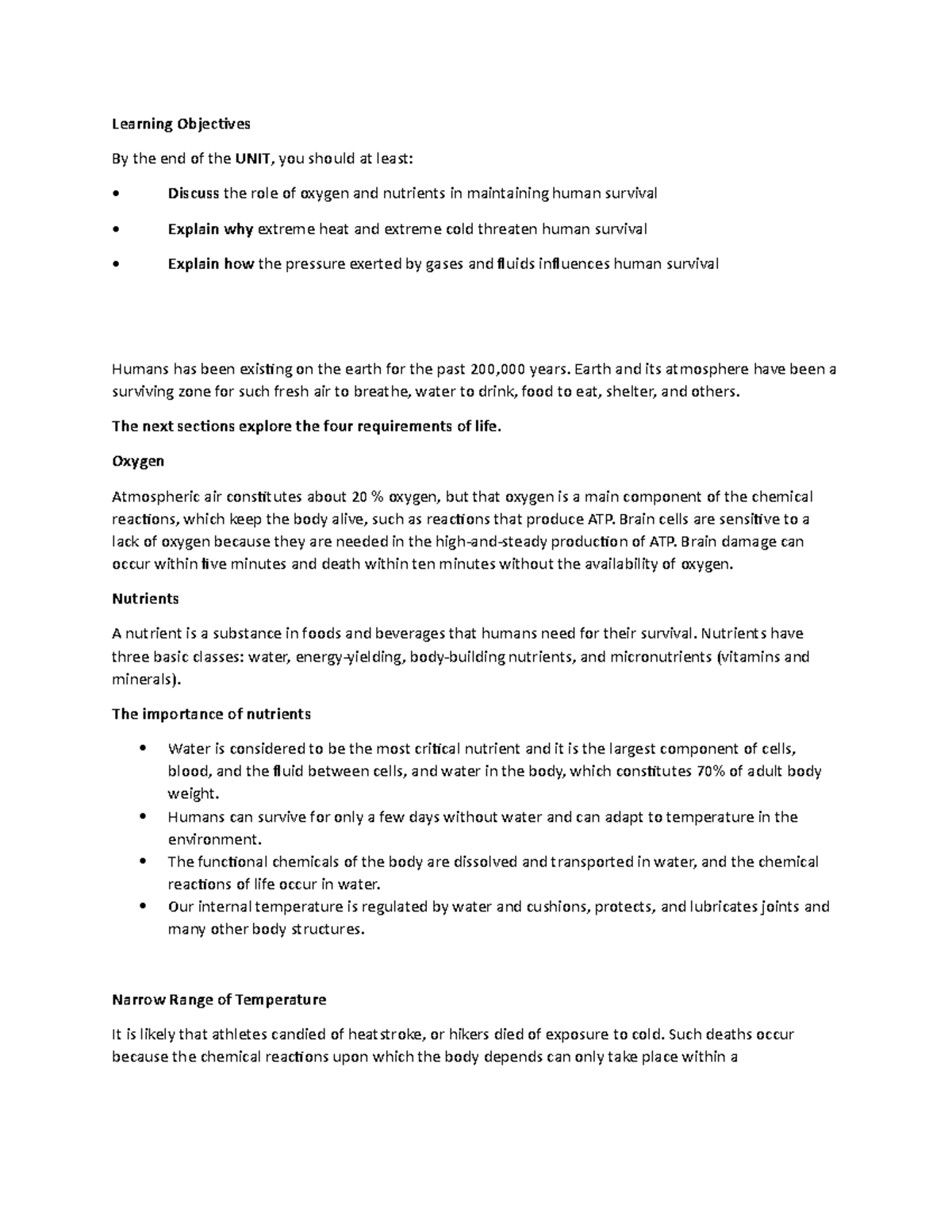 Chapter 1.4 Requirements for Human Life - Learning Objectives the end ...