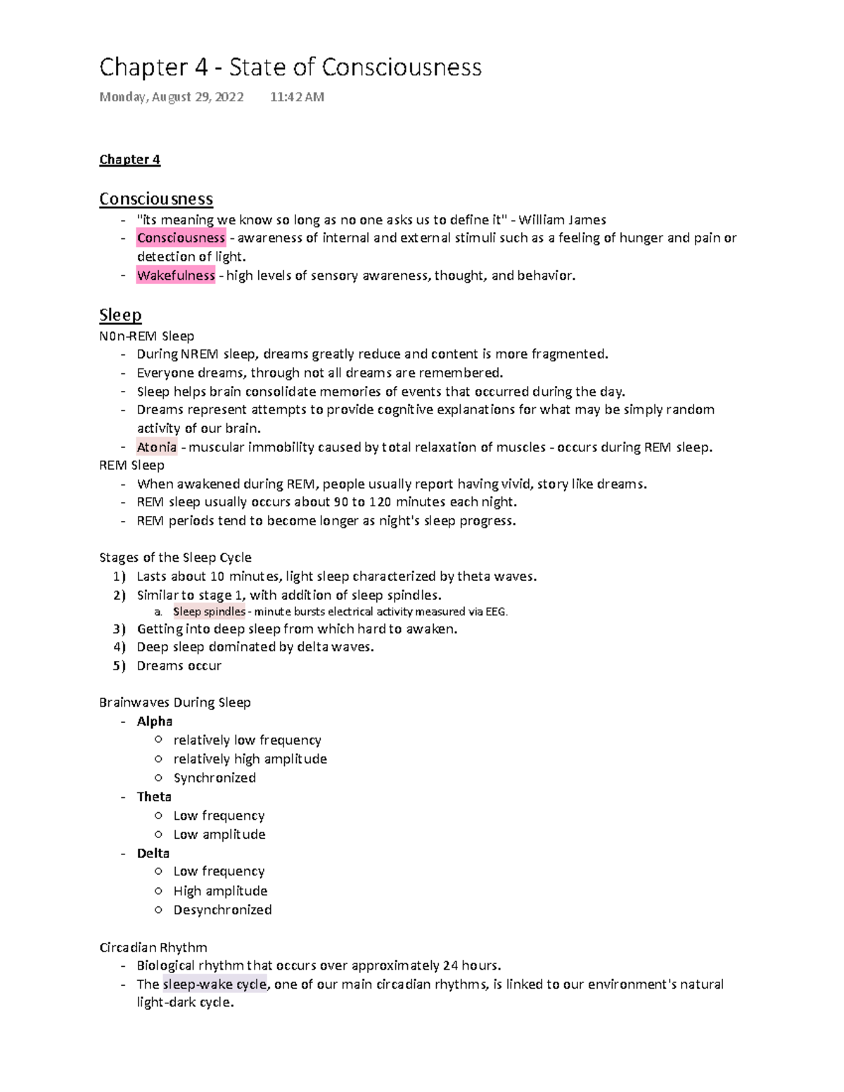 Chapter 4 - State of Consciousness - Chapter 4 Consciousness "its ...