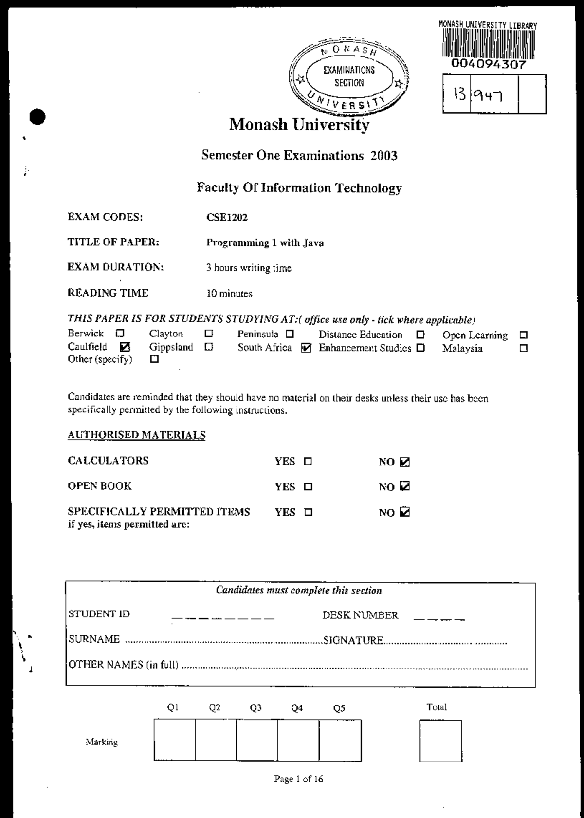 Practice exam 2003, Programming Foundations, questions - FIT5131 - Studocu