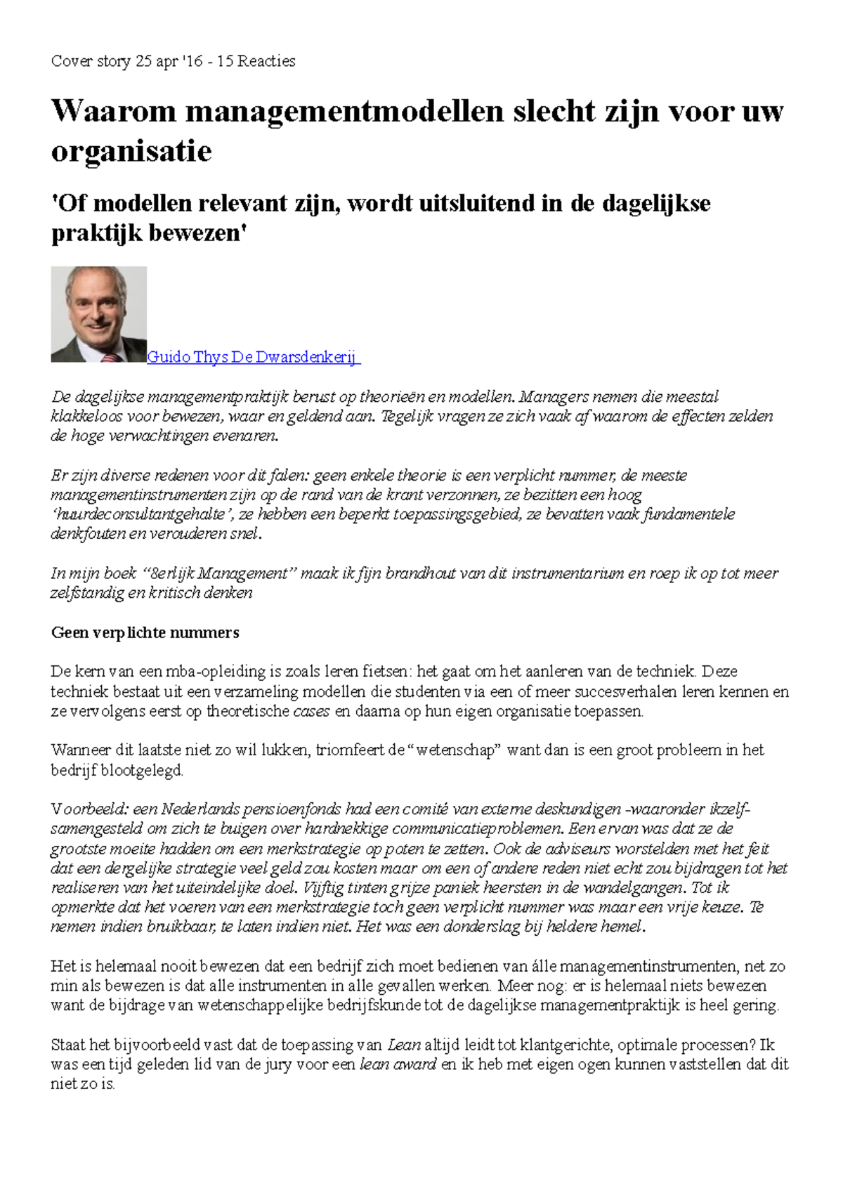 Waarom managementmodellen slecht zijn voor uw organisatie Cover story ...