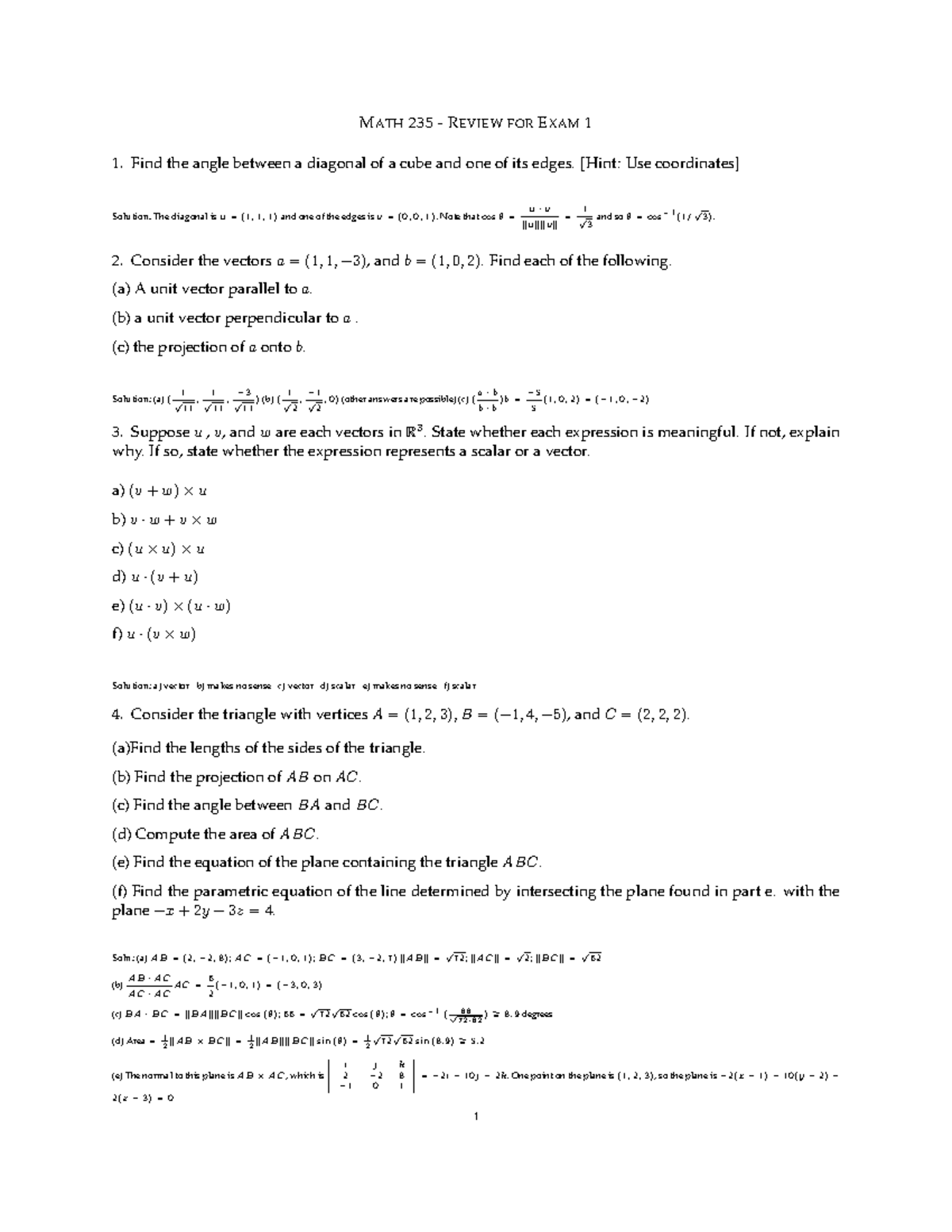 Exam1-rev - practice - MATH 235 - REVIEW FOR EXAM 1 1. Find the angle ...