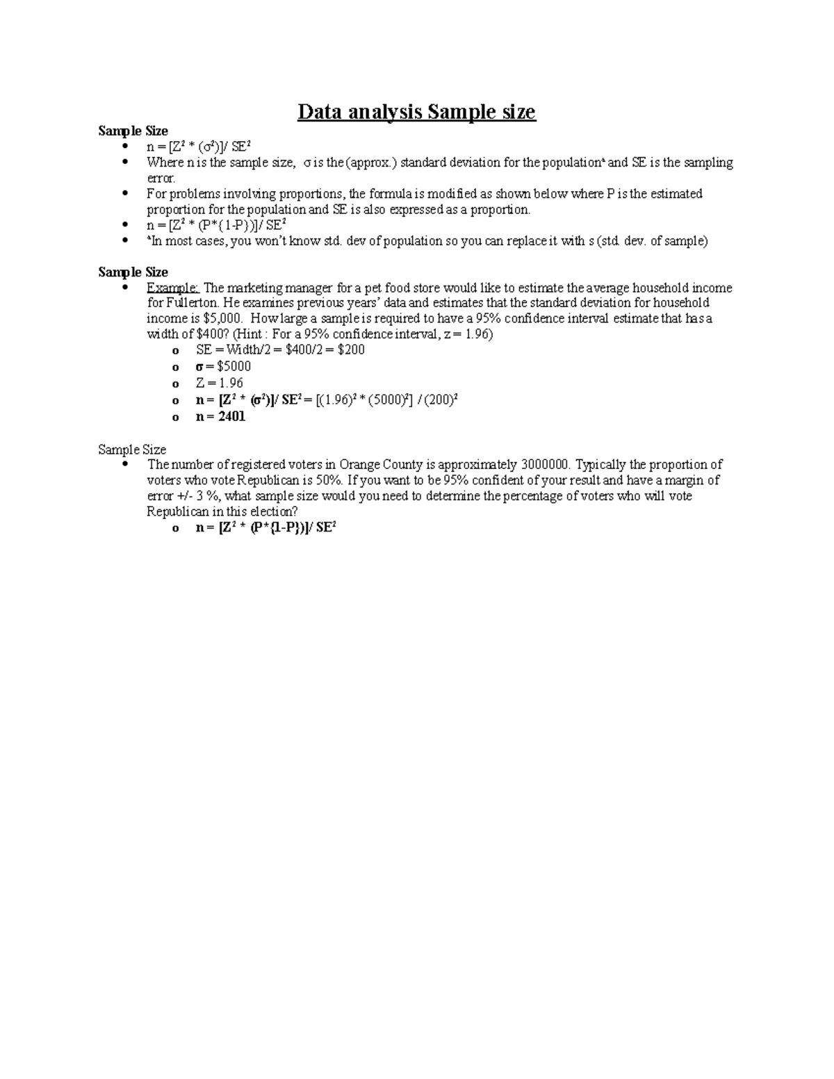 Data analysis Sample size - Data analysis Sample size Sample Size n ...