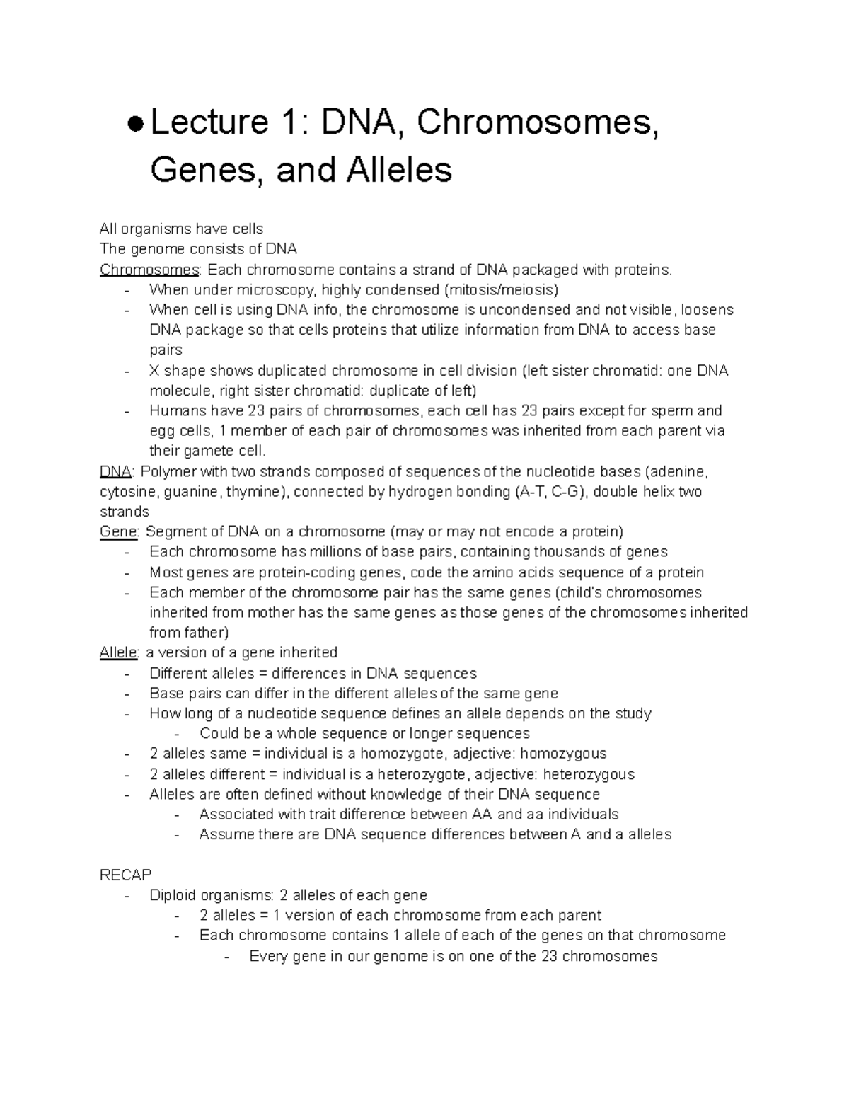 BIO 201 - Unit 2 - Practice material. - Lecture 1: DNA, Chromosomes ...