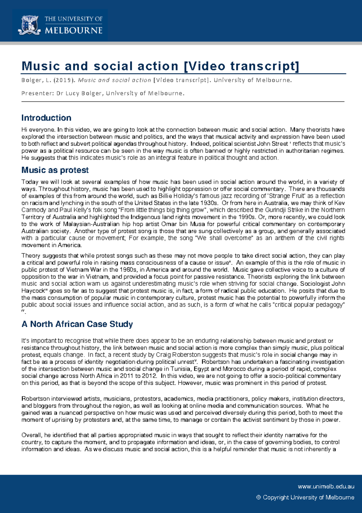 MUSI2015 0 Music and social action - Video transcript - unimelb.edu ...