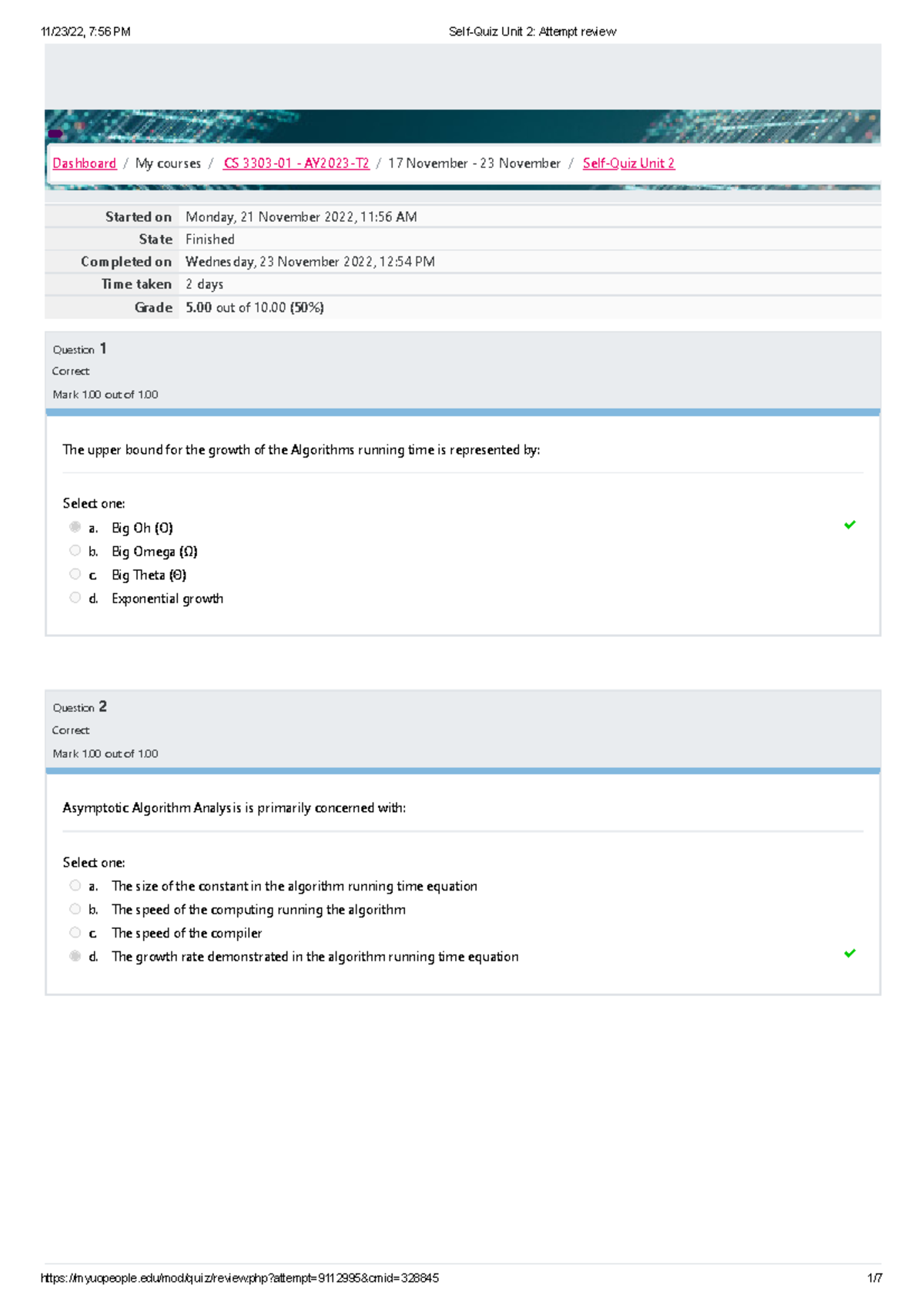 CS3303 Self-Quiz Unit 2 Attempt review - Started on Monday, 21 November ...