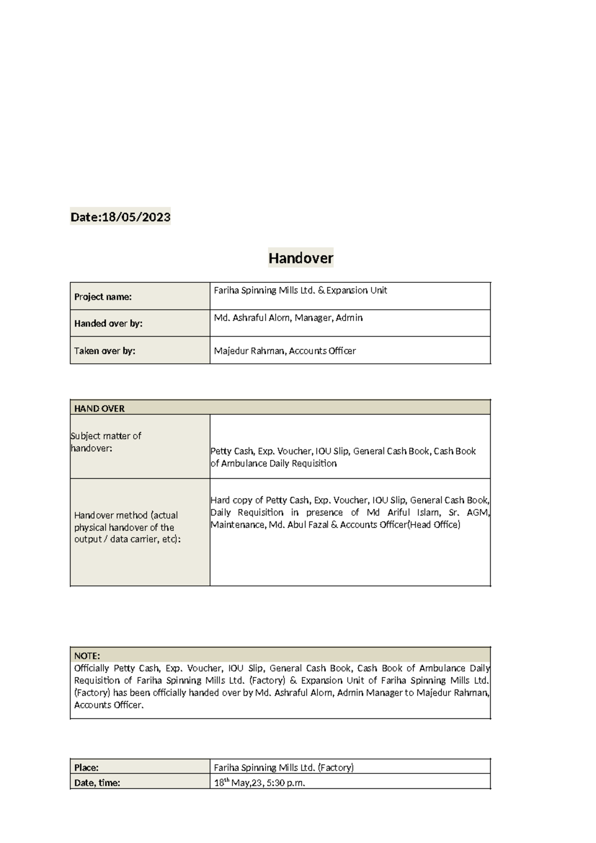 Hand Over Format - Good - Date:18/05/ Handover Project name: Fariha ...