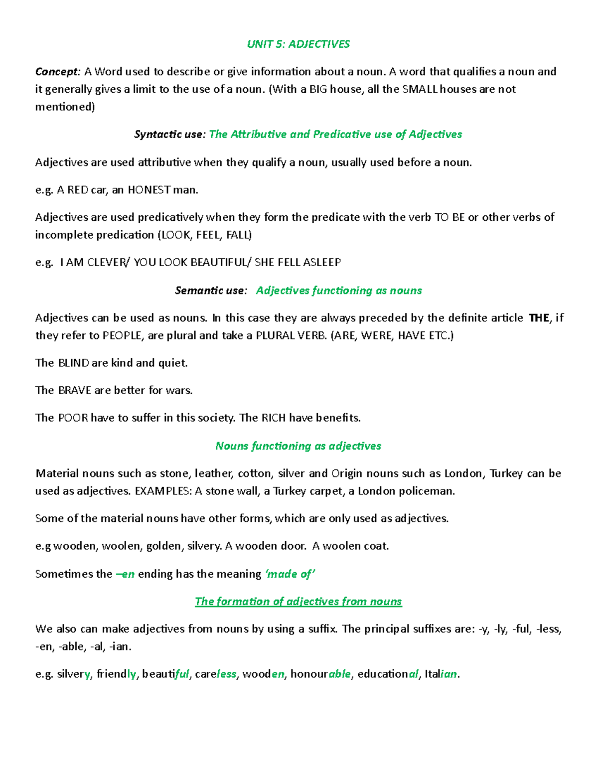 Adjectives-Unit 5 - Adjectives, use, types of adjectives, formation of ...