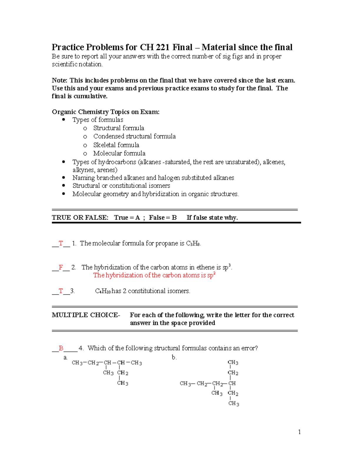 CH221Finalreview key1 - Practice Problems for CH 221 Final – Material since the final Be sure to ...