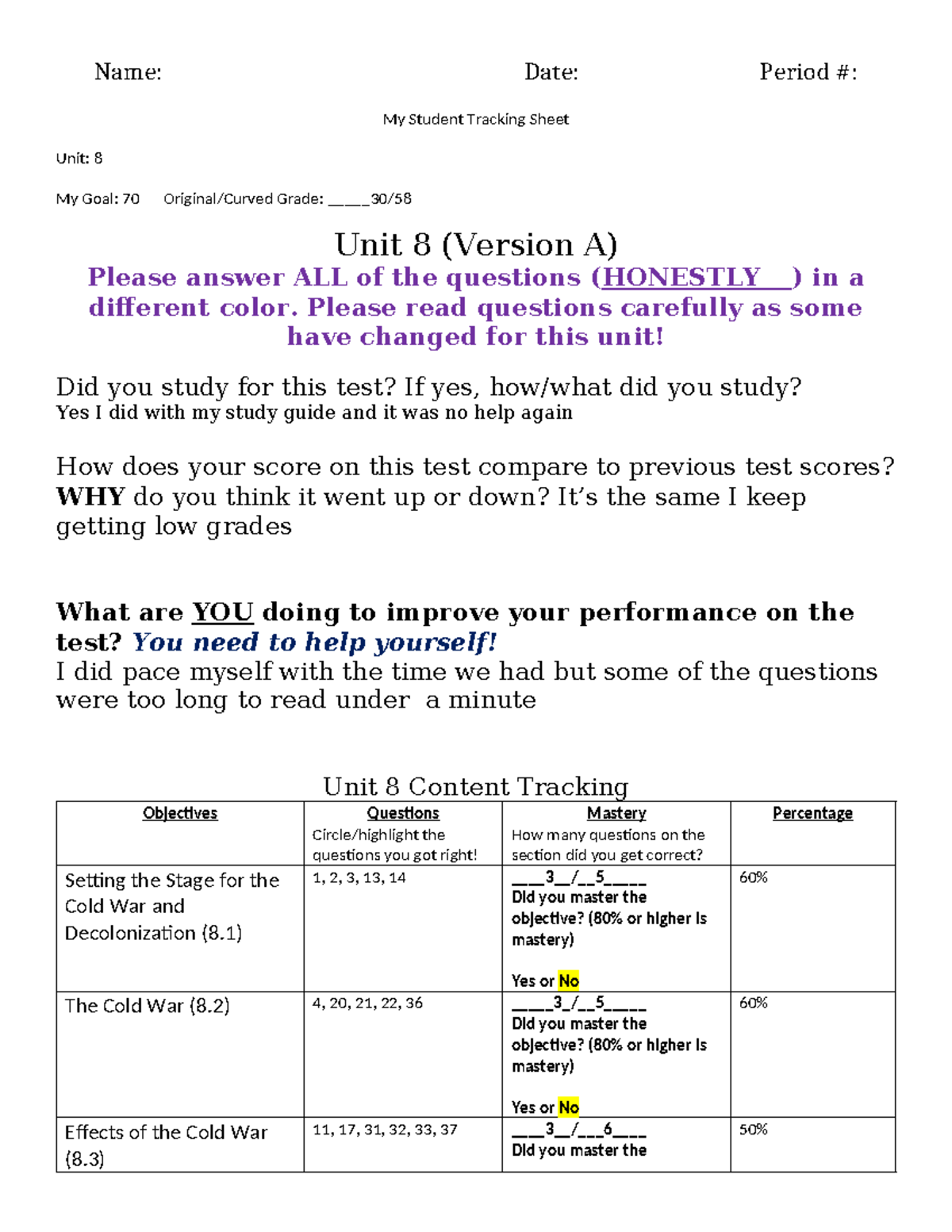 Unit 8 Data Tracker Version A-1 - My Student Tracking Sheet Unit: 8 My ...