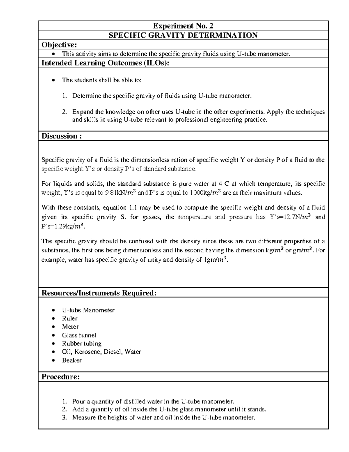 Experiment 1 - Specific Gravity Determination - Experiment No. 2 SPECIFIC GRAVITY DETERMINATION ...