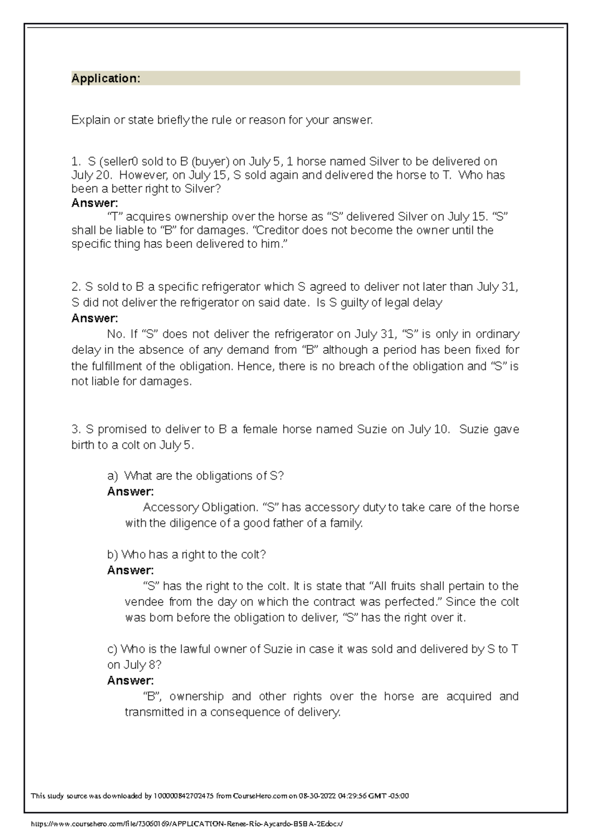 Application Renee Rio Aycardo BSBA 2E - Application: Explain or state ...