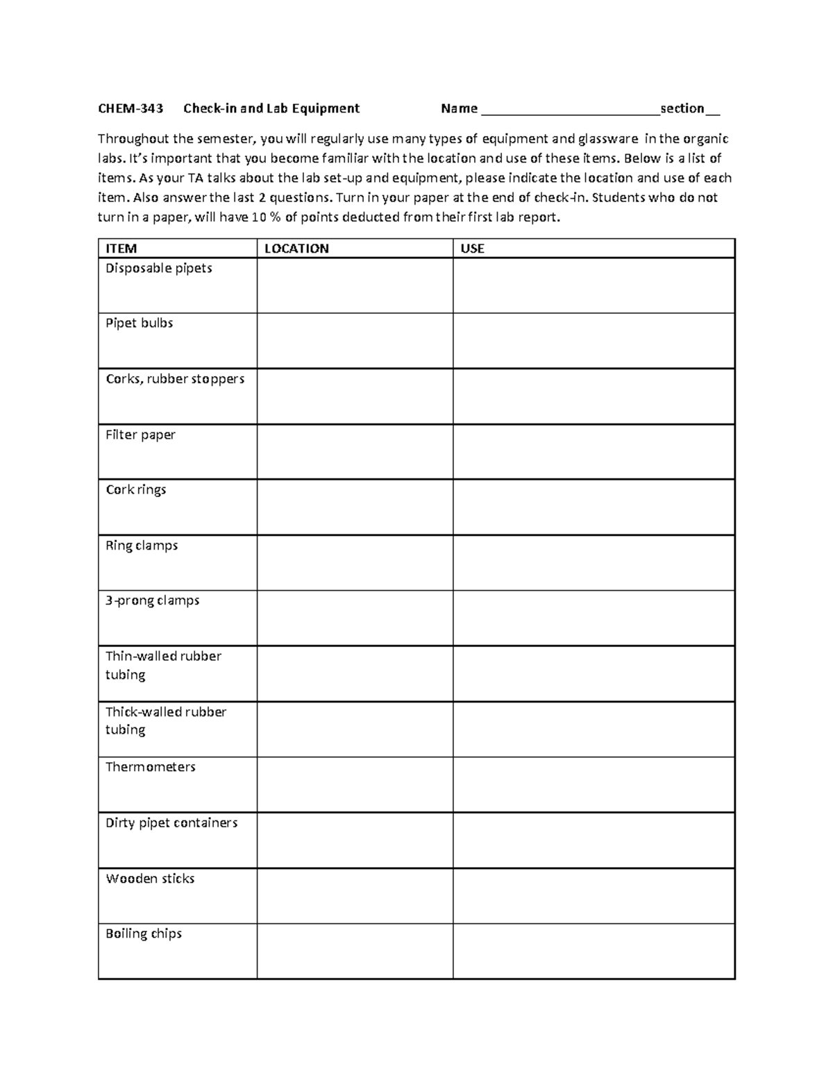Equipment Use Location worksheet - CHEM-343 Check-in and Lab Equipment ...