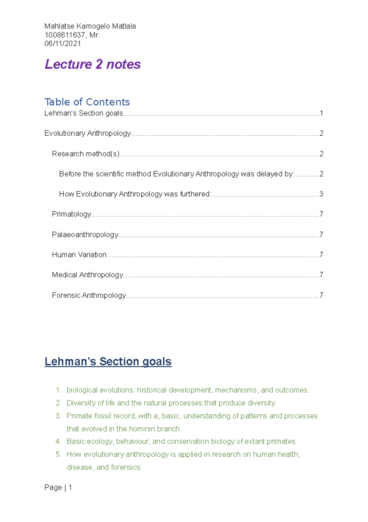 Lecture notes (w2) - 1008611637, Mr. 06/11/ Lecture 2 notes Table of ...