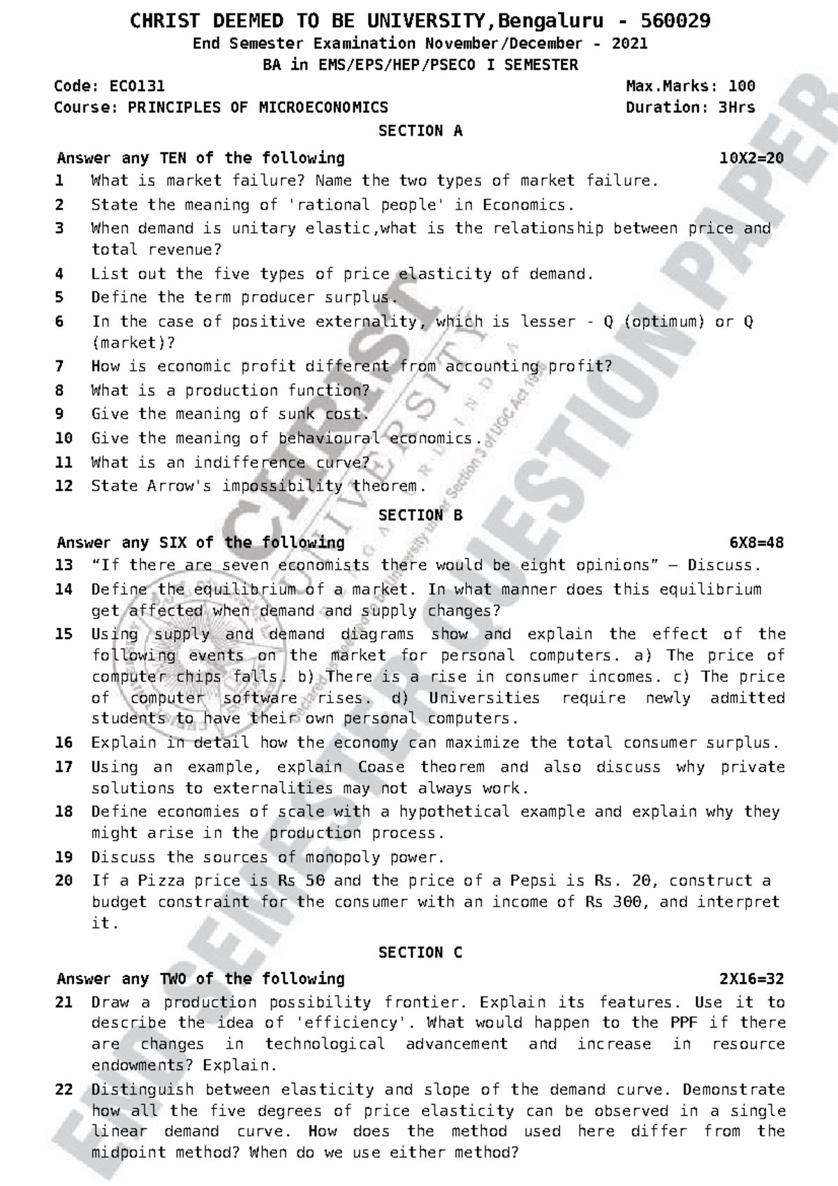 ECO131 - Past Paper - CHRIST DEEMED TO BE UNIVERSITY,Bengaluru - 560029 ...
