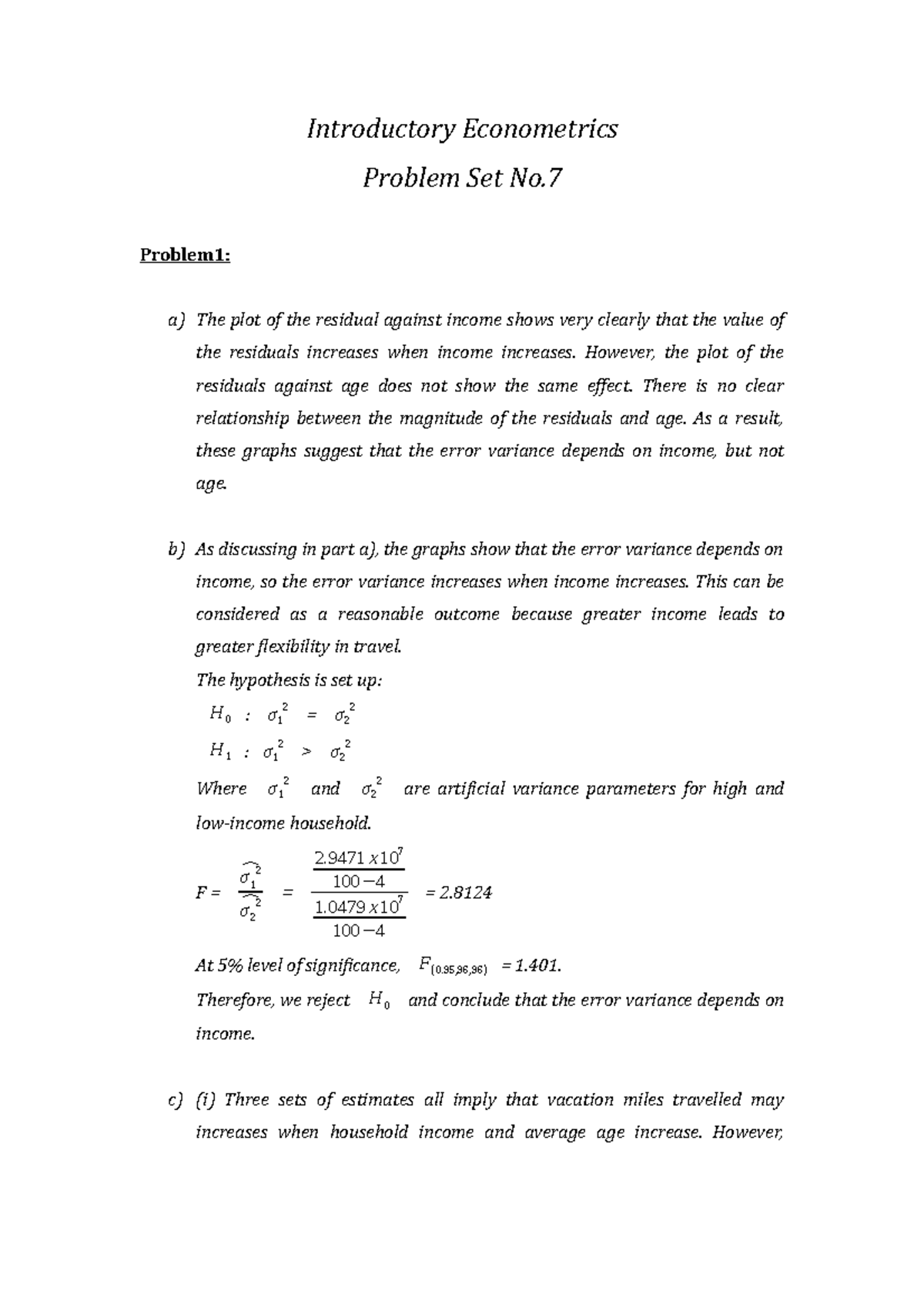 Homework 7 Solutions Introductory Econometrics Problem Set No Problem1 A The Plot Of The