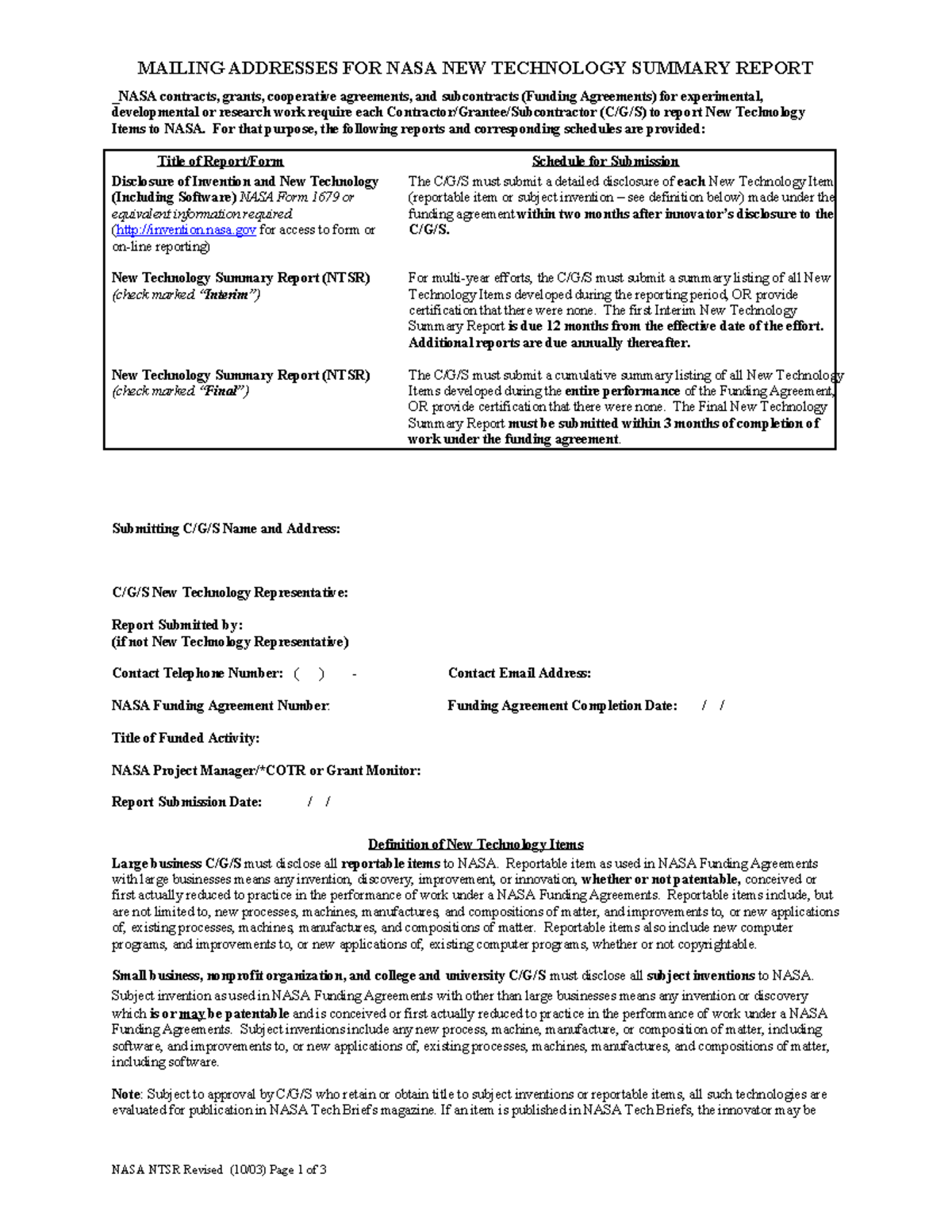 NASA NTSR Form for Interim and Final New Technology Reports-1 - MAILING ...