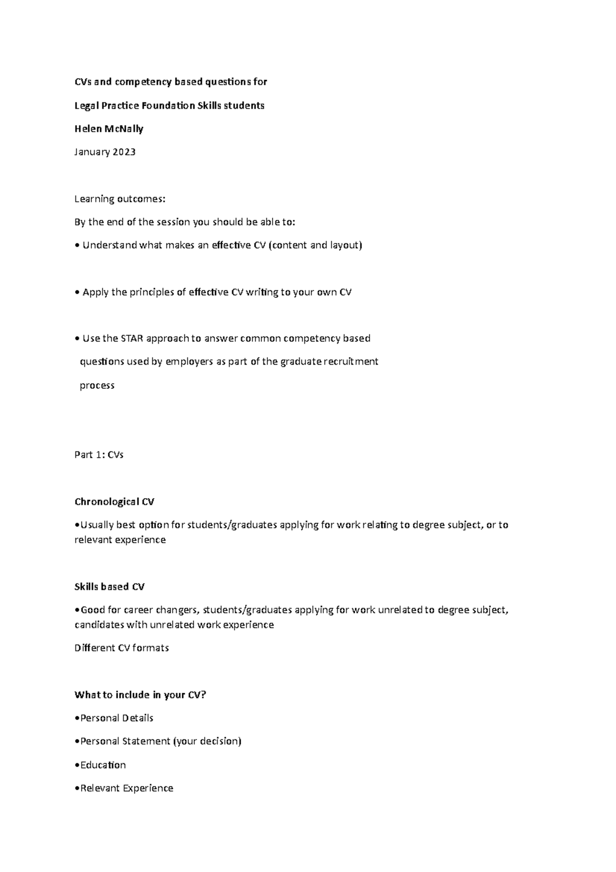 CVs and competency based questions for - Use bullet points. Avoid ...