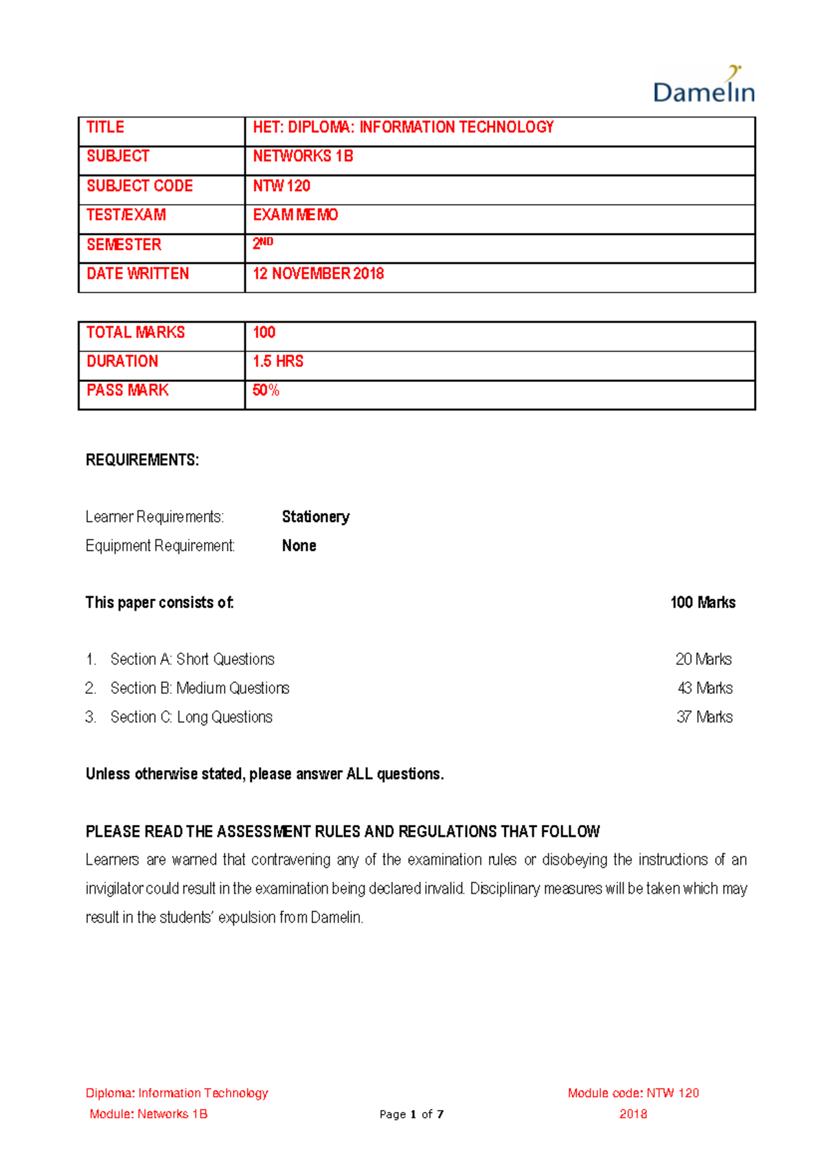 Network 1B Exam Memo - Diploma: Information Technology Module code: NTW ...