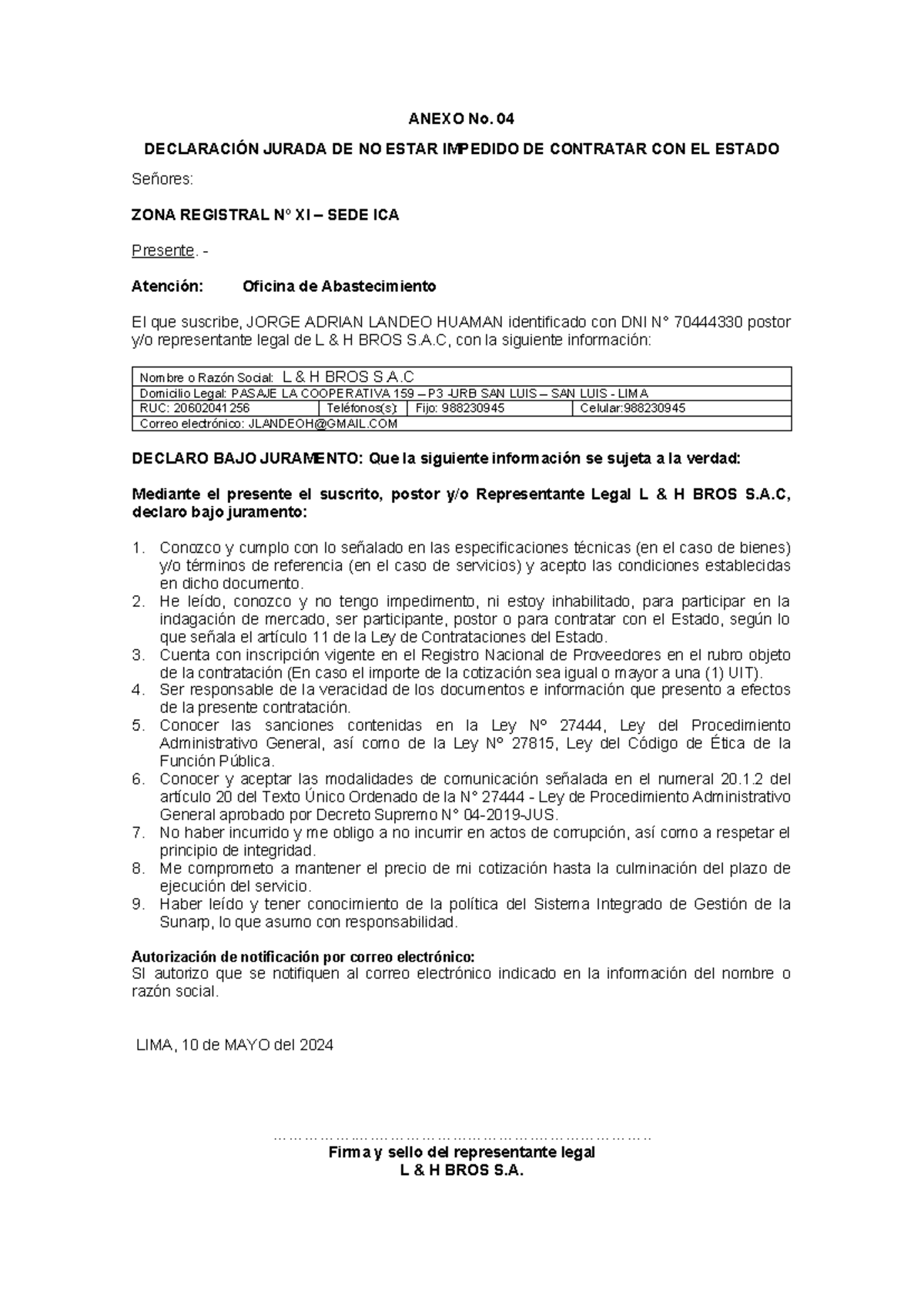 Anexo-004-sunarp - ANEXO No. 04 DECLARACIÓN JURADA DE NO ESTAR IMPEDIDO DE CONTRATAR CON EL ...
