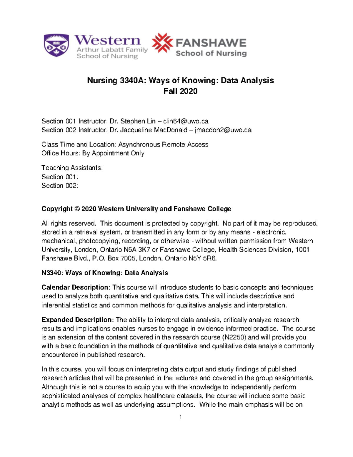 Course Outline Ways of Knowing: Data Analysis - Nursing 3340A/B - UWO ...