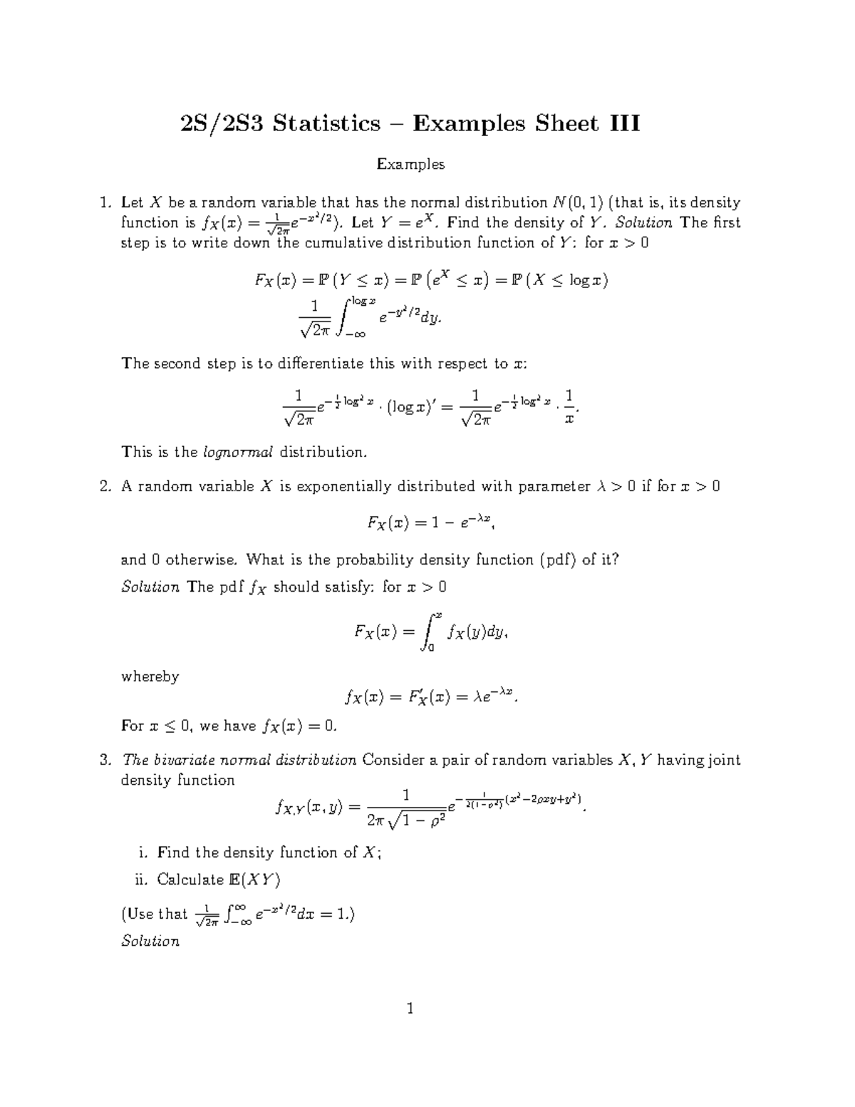 Examples sheet 3 with solutions - 2S/2S3 Statistics – Examples Sheet ...