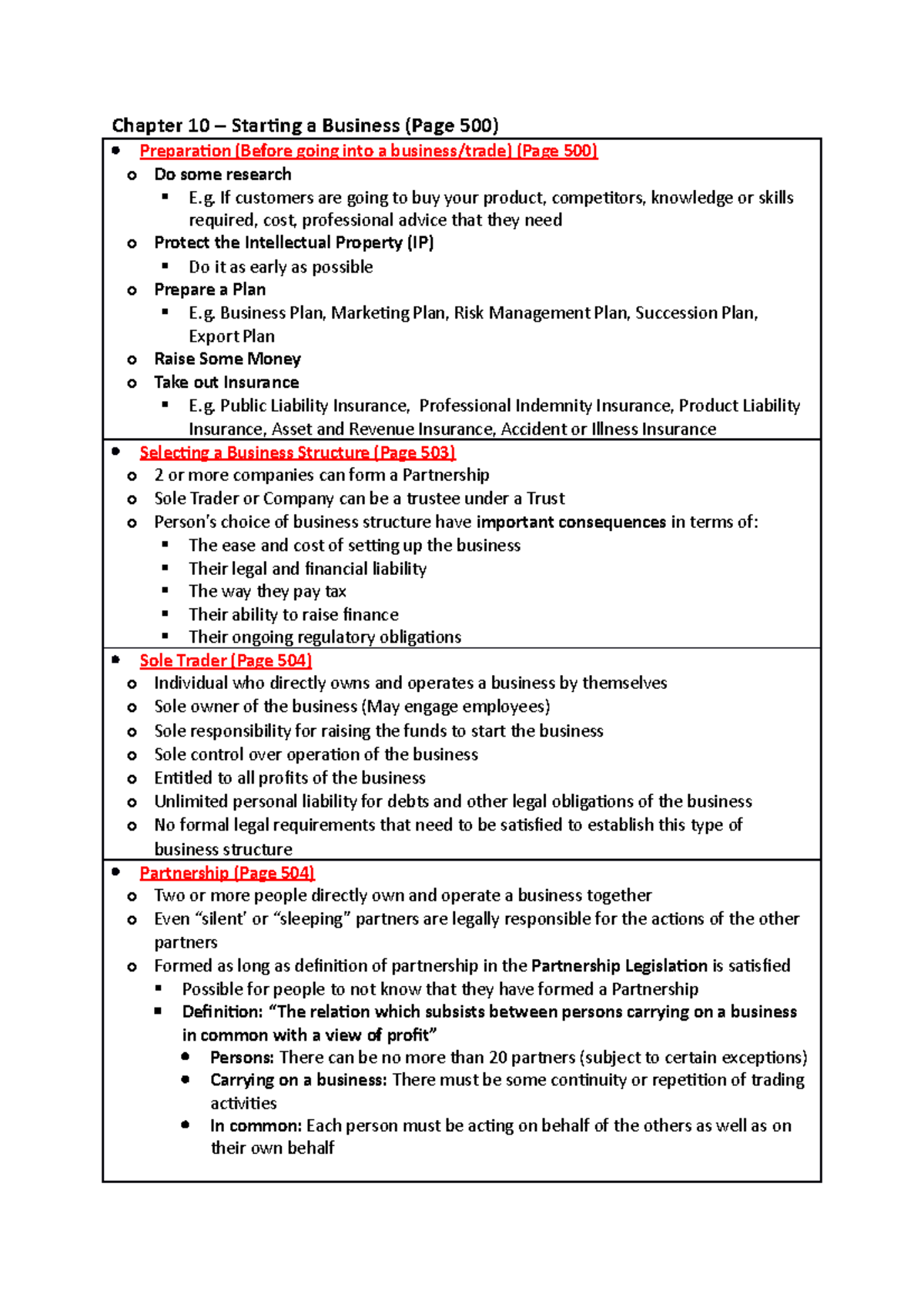 Chapter 10 Notes - Chapter 10 – Starting a Business (Page 500 ...