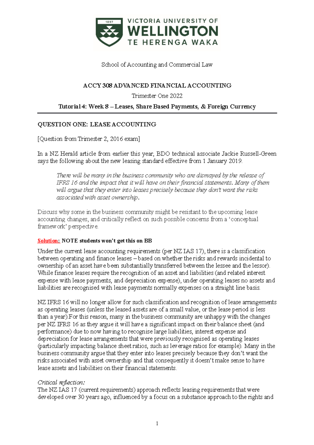 Tutorial 4 Solution - School of Accounting and Commercial Law ACCY 308 ...