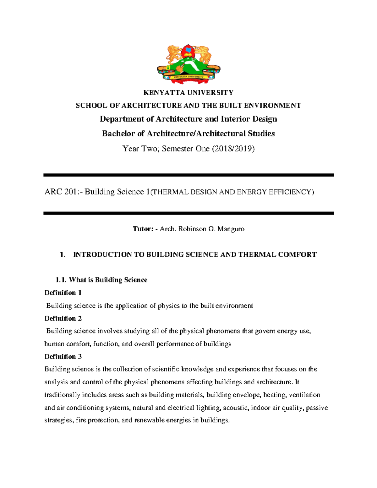 Lesson 01 - lecture notes - KENYATTA UNIVERSITY SCHOOL OF ARCHITECTURE ...