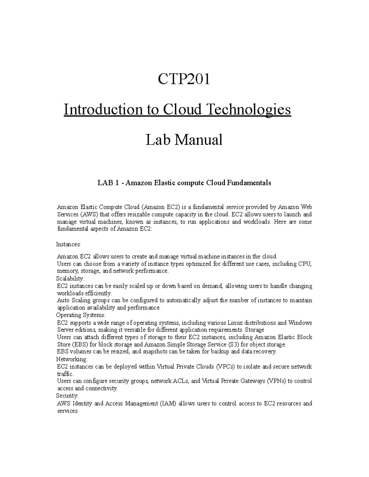 Lab 1 ctv - summary - CTP Introduction to Cloud Technologies Lab Manual LAB 1 - Amazon Elastic ...
