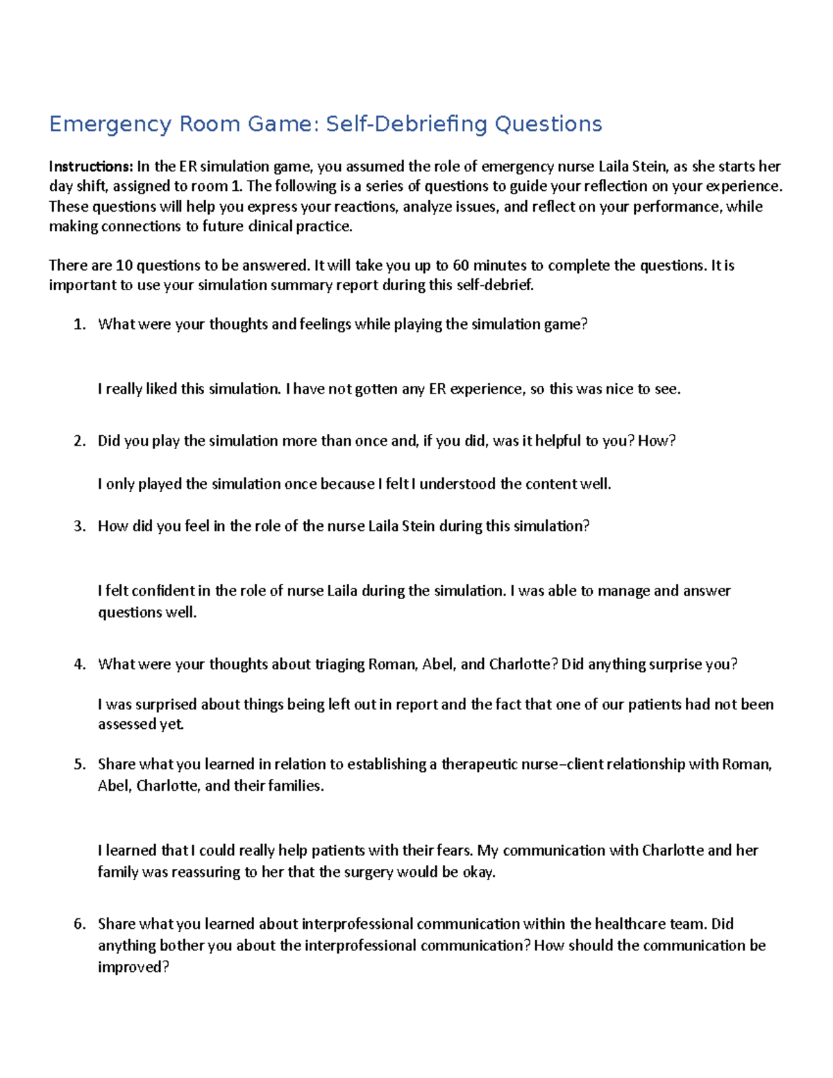 ER Debrief 1 Caitlin Exley - Emergency Room Game: Self-Debriefing ...