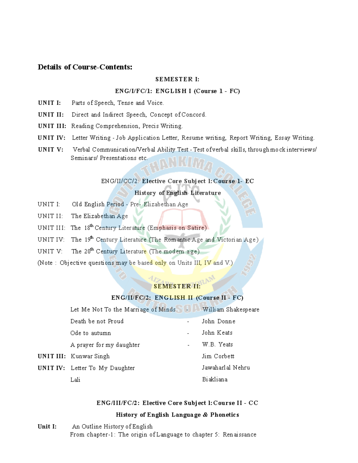 English syllabus - Details of Course-Contents: SEMESTER I: ENG/I/FC/1 ...