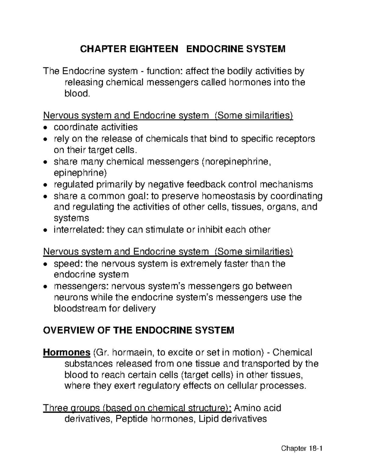 Ch. 18 full notes - CHAPTER EIGHTEEN ENDOCRINE SYSTEM The Endocrine ...
