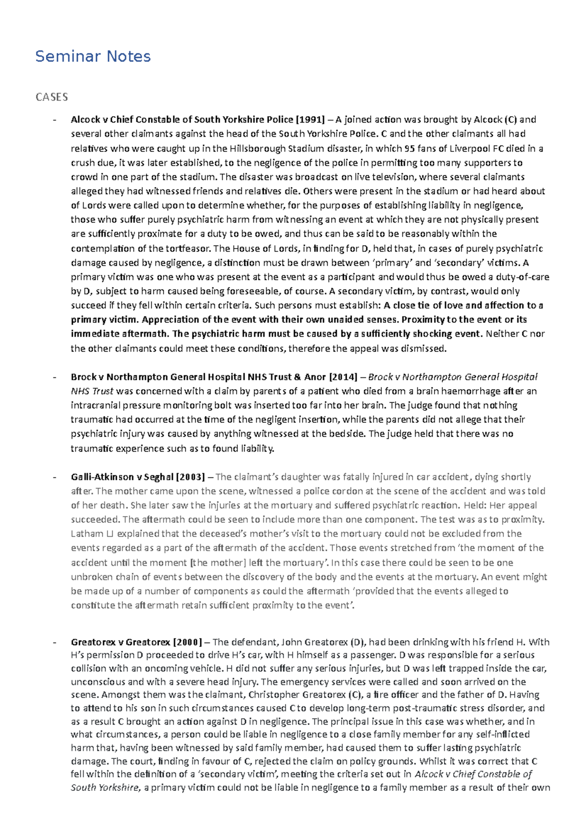 Seminar Notes - Seminar Notes CASES - Alcock v Chief Constable of South ...