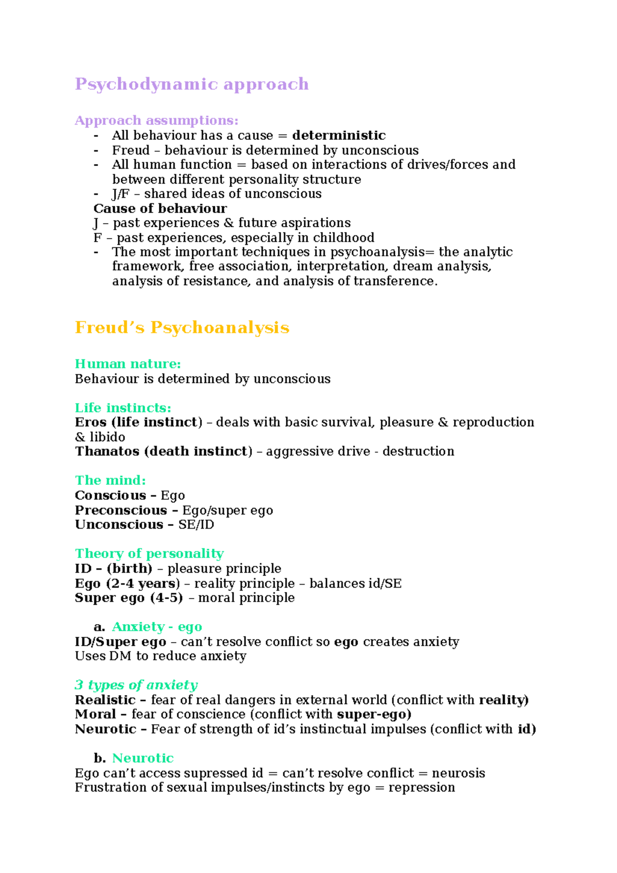 Condensed notes - psychodynamic - Psychodynamic approach Approach ...
