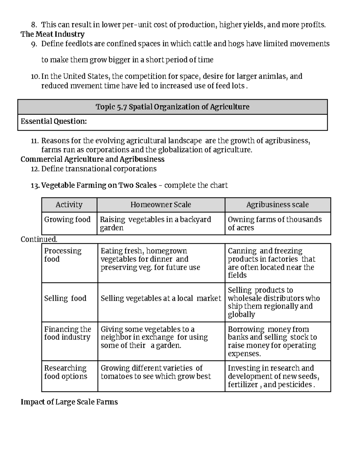 Amsco Unit 5 - Ch 13 Reading Guide -Spatial Arrangment of Agriculture ...