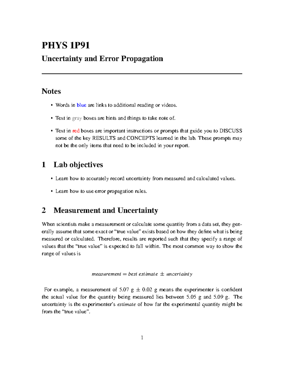 PHYS 1P92 Intro Lab Part 2 Winter 2023 - PHYS 1P Uncertainty and Error ...