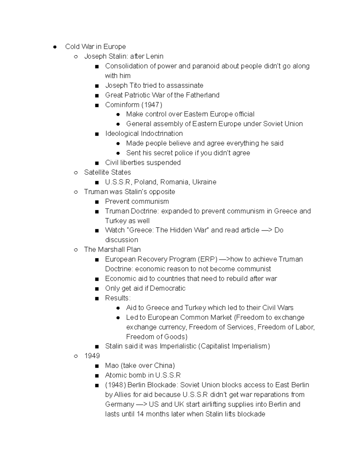 Cold War in Europe notes - Cold War in Europe Joseph Stalin: after ...